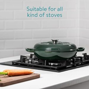 Navaris Dutch Oven Pan with Lid - 3.7 QT Enameled Cast Iron Skillet - 15 3/4" Wide Covered Round Enamel Pot - Induction Cooktop Safe - Dark Green