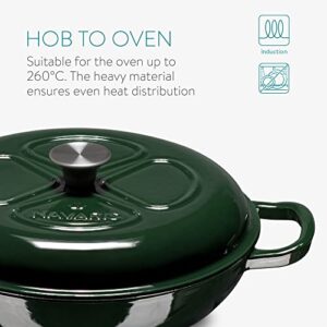 Navaris Dutch Oven Pan with Lid - 3.7 QT Enameled Cast Iron Skillet - 15 3/4" Wide Covered Round Enamel Pot - Induction Cooktop Safe - Dark Green