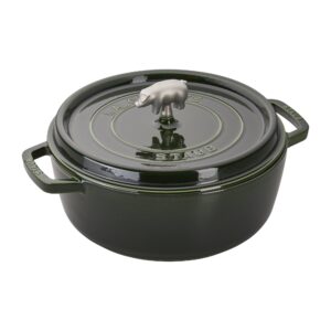 staub cast iron 6-qt cochon shallow wide round cocotte - basil, made in france