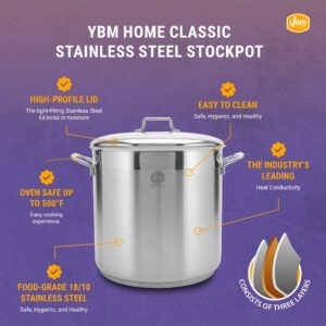 YBM Home Professional Chef’s 18/10 Stainless Steel Stock Pot Covered Tri-Ply Capsule Base With Bakelite Handle, Terrific Mirror Silver, Induction Compatible, 21 Quart - Silver