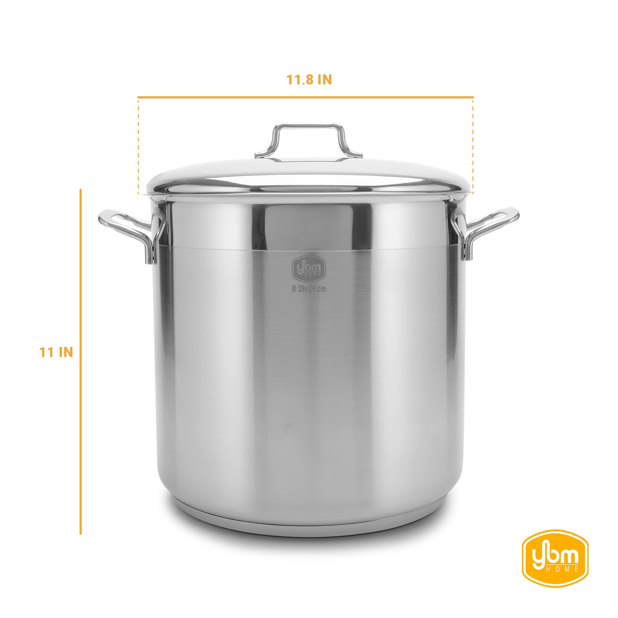 YBM Home Professional Chef’s 18/10 Stainless Steel Stock Pot Covered Tri-Ply Capsule Base With Bakelite Handle, Terrific Mirror Silver, Induction Compatible, 21 Quart - Silver