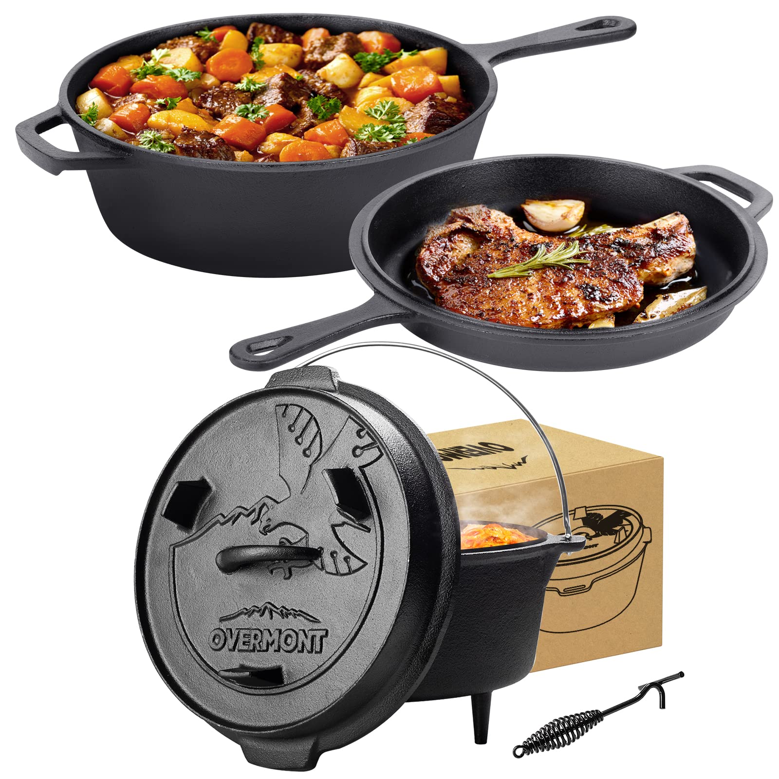 Overmont 3.2qt Cast Iron Skillet + 4.4qt Dutch Oven Bundle