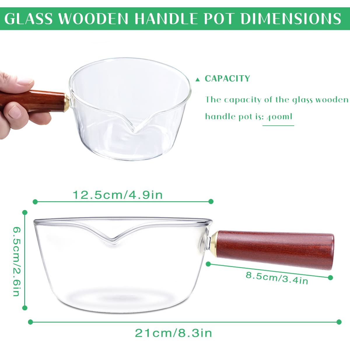 DOERDO Clear Glass Pot Milk Pan with Wooden Handle Mini Non Stick Milk Coffee Pot with Wooden Handle Breakfast Cooking Pot Glass Cookware for Home Kitchen (Clear 400ml)