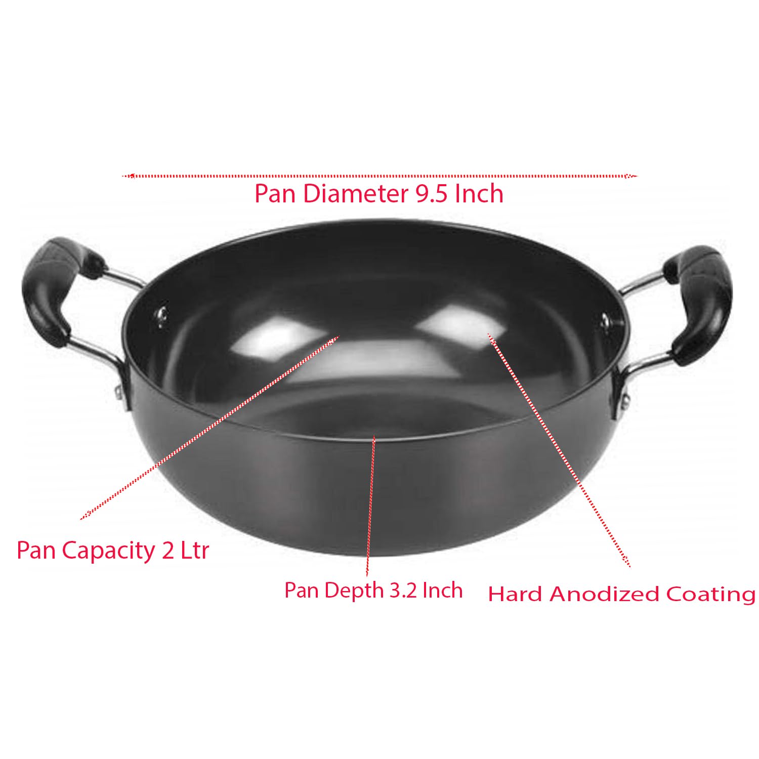 SHRIYA Hard Anodised Kadai with Stainless Steel Lid Aluminium Non-Stick Kadhai Deep Fry Pan Indian kadhai Multipurpose Non Stick All Purpose Pan karahi for frying 2 Litre (3mm)