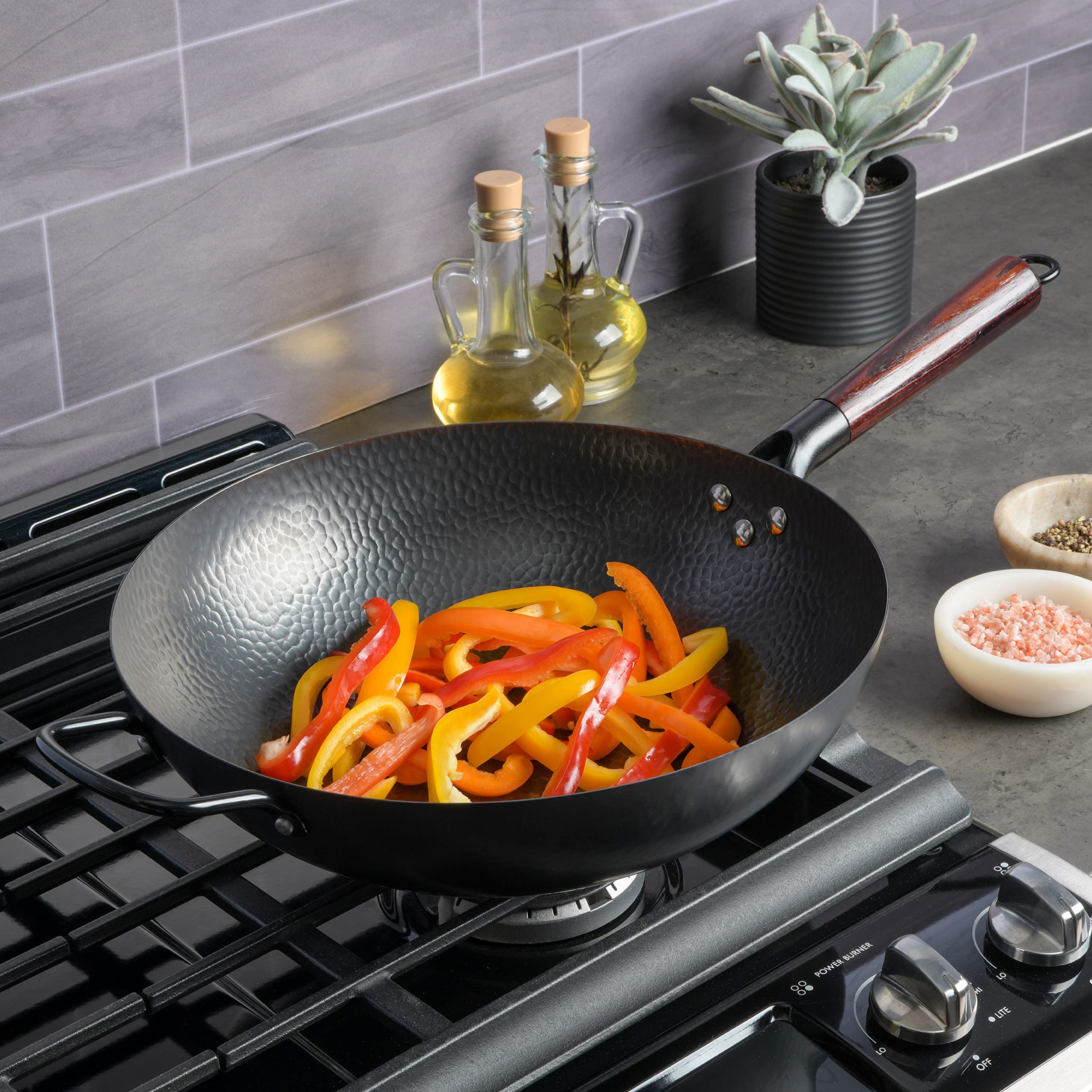 Gibson Home Stargaze Carbon Steel Flat Bottom Wok, 13-Inch, Hammered