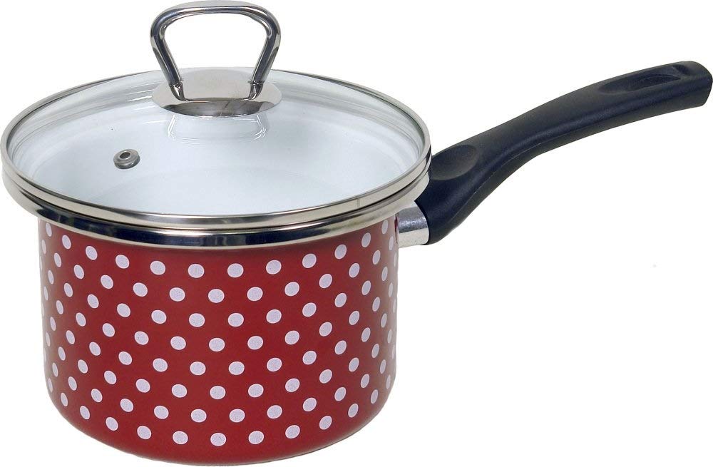 Stainless Steel Burgundy Polka Dot Enamelware Saucepan Pot with a Glass Lid Cooking Pans 50.7 fl oz (1.5 L)