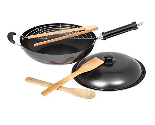 Imperial Home Carbon Steel Wok Frying Pan Set for Stir Fry & Everyday Cooking, Nonstick, Kitchen Cookware with Heat Resistant Handle, For All Stove Types, Includes Lid, Grill, Spatula, Spoon & Tongs