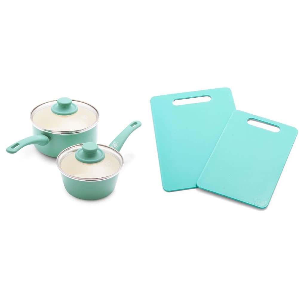 GreenLife Soft Grip Healthy Ceramic Nonstick, 1QT and 2QT Saucepan Pot Set with Lids, PFAS-Free & 2 Piece Cutting Board Kitchen Set, Dishwasher Safe, Extra Durable, Turquoise