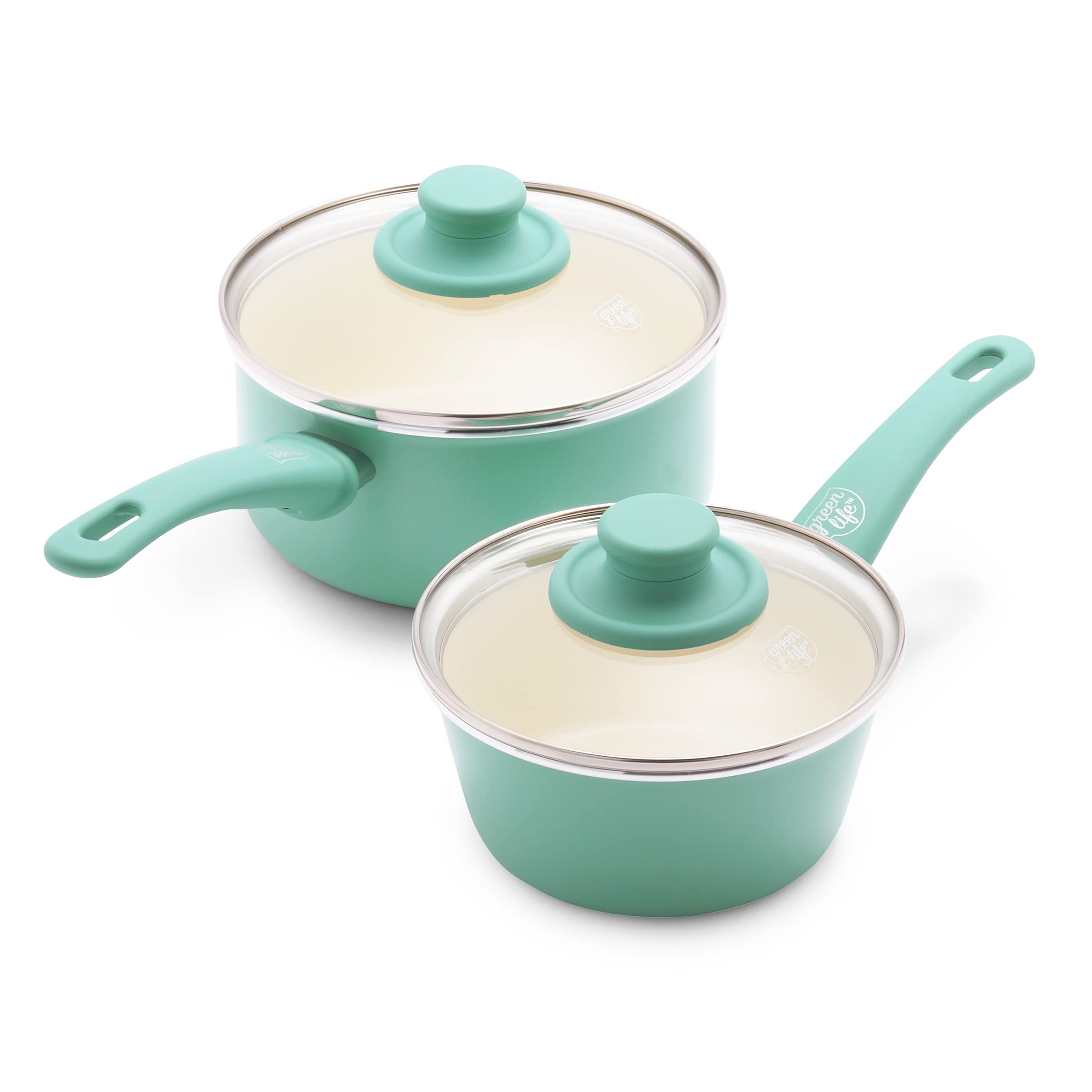 GreenLife Soft Grip Healthy Ceramic Nonstick, 1QT and 2QT Saucepan Pot Set with Lids, PFAS-Free & 2 Piece Cutting Board Kitchen Set, Dishwasher Safe, Extra Durable, Turquoise