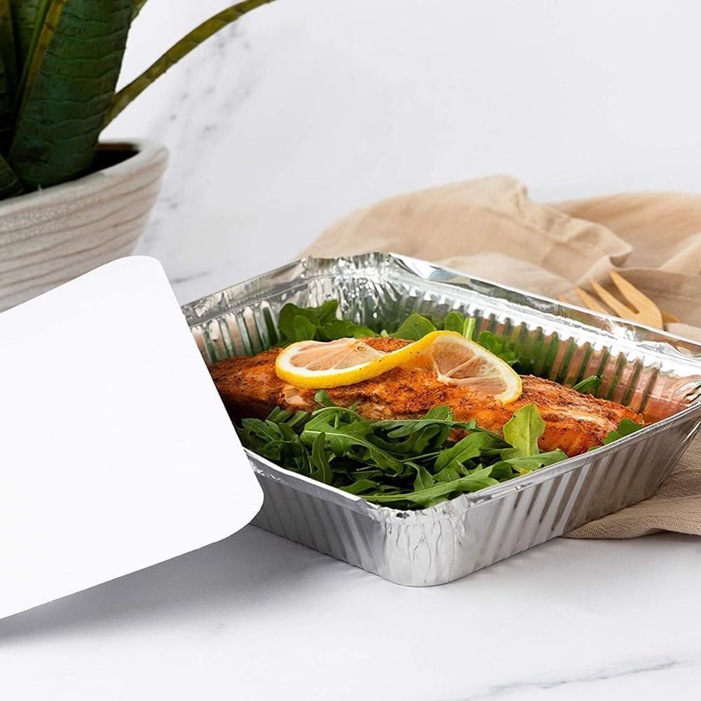 Kingzak Silver Aluminum Foil Square Pans with Board Lids - 9" x 9" (10 Pcs) | Heavy-Duty Reusable Party Pans for Catering & Buffet Events