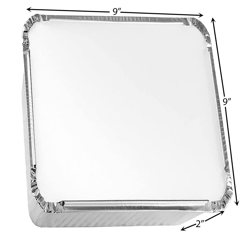 Kingzak Silver Aluminum Foil Square Pans with Board Lids - 9" x 9" (10 Pcs) | Heavy-Duty Reusable Party Pans for Catering & Buffet Events