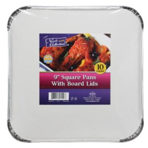 Kingzak Silver Aluminum Foil Square Pans with Board Lids - 9" x 9" (10 Pcs) | Heavy-Duty Reusable Party Pans for Catering & Buffet Events