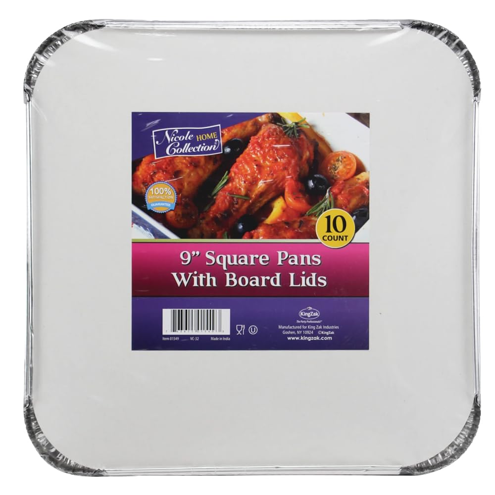 Kingzak Silver Aluminum Foil Square Pans with Board Lids - 9" x 9" (10 Pcs) | Heavy-Duty Reusable Party Pans for Catering & Buffet Events