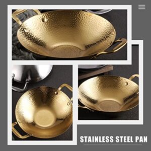 BESTonZON Stainless Steel Pan Wok Pan Stainless Steel Stir Fry Pan Flat Bottom Chinese Wok Scratch Proof Cooking Skillet Pot Cookware with 2 Handles For Gas Induction Gold 8in Stock Pot