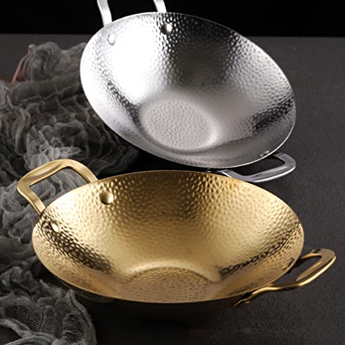 BESTonZON Stainless Steel Pan Wok Pan Stainless Steel Stir Fry Pan Flat Bottom Chinese Wok Scratch Proof Cooking Skillet Pot Cookware with 2 Handles For Gas Induction Gold 8in Stock Pot