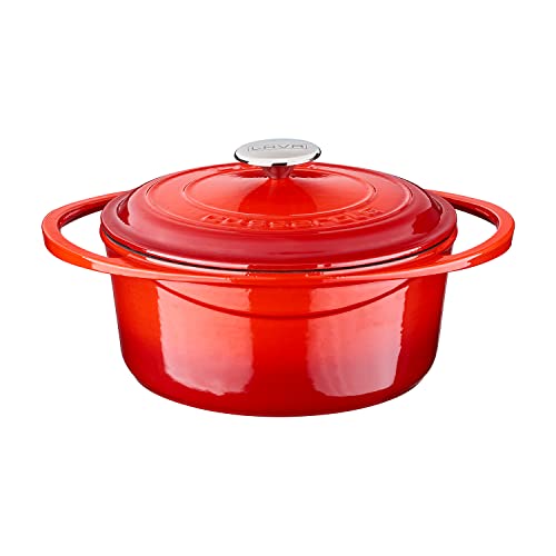 LAVA 3.7 Quarts Cast Iron Dutch Oven: Multipurpose Stylish Round Shape Dutch Oven Pot with Three Layers of Enamel Coated with Trendy Lid (Red)