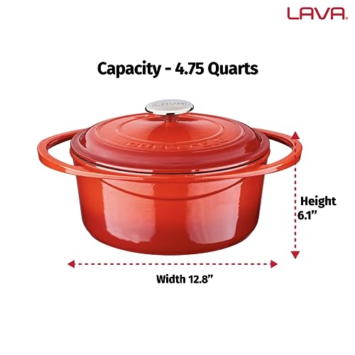 LAVA 3.7 Quarts Cast Iron Dutch Oven: Multipurpose Stylish Round Shape Dutch Oven Pot with Three Layers of Enamel Coated with Trendy Lid (Red)