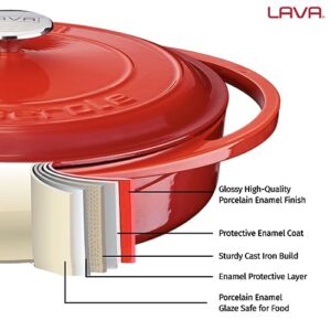 LAVA 3.7 Quarts Cast Iron Dutch Oven: Multipurpose Stylish Round Shape Dutch Oven Pot with Three Layers of Enamel Coated with Trendy Lid (Red)