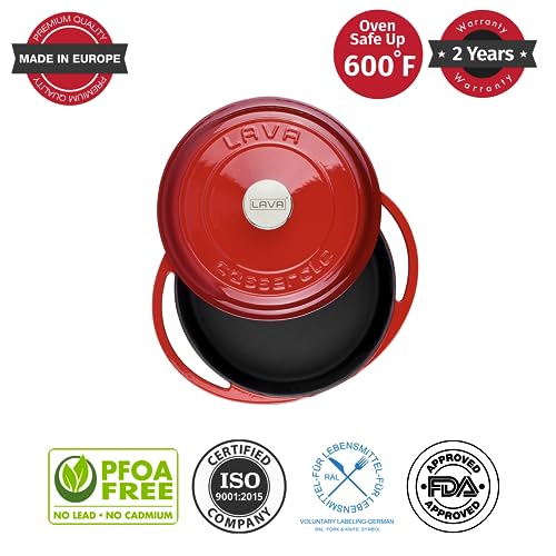 LAVA 3.7 Quarts Cast Iron Dutch Oven: Multipurpose Stylish Round Shape Dutch Oven Pot with Three Layers of Enamel Coated with Trendy Lid (Red)