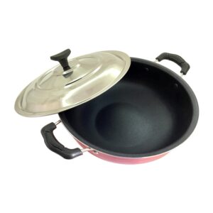 sriyug aluminium non stick coating kadai round bottom deep fry pan with stainless steel lid deep fry kadhai non stick karhai free scrubber and wooden spatula. (2 ltr)