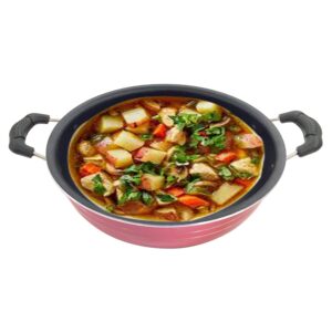 SRIYUG Aluminium Non Stick Coating Kadai Round Bottom Deep Fry Pan with Stainless Steel Lid Deep Fry Kadhai Non Stick Karhai Free Scrubber And Wooden Spatula. (2 Ltr)