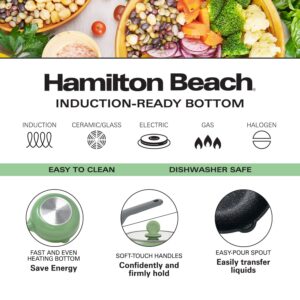 Hamilton Beach 5.5 Quart Dutch Oven Green with Marble Nonstick Coating,Die-Cast Aluminum Dutch Oven Pot Induction bottom, Gray Soft Touch Handle, Glass Lid with Silicone Rim for Cooking