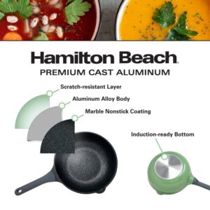 Hamilton Beach 5.5 Quart Dutch Oven Green with Marble Nonstick Coating,Die-Cast Aluminum Dutch Oven Pot Induction bottom, Gray Soft Touch Handle, Glass Lid with Silicone Rim for Cooking