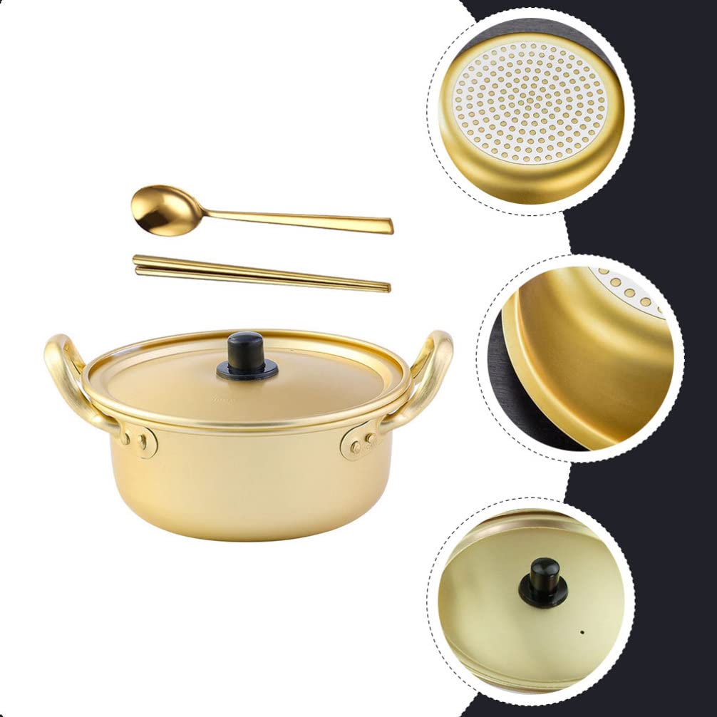 Housoutil Noodle Pot 1 Set Ramen Pot Korean Ramen Cooking Pot with Lid Spoon Chopsticks Traditional Aluminum Instant Ramyun Hot Pot for Home Kitchen Cookware Golden L Korean Cookware