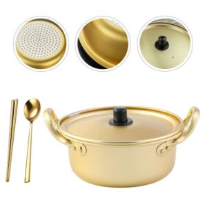 Housoutil Noodle Pot 1 Set Ramen Pot Korean Ramen Cooking Pot with Lid Spoon Chopsticks Traditional Aluminum Instant Ramyun Hot Pot for Home Kitchen Cookware Golden L Korean Cookware