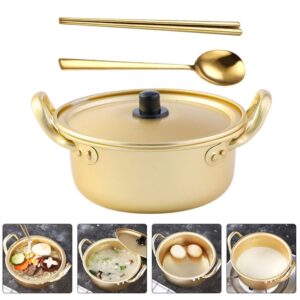 Housoutil Noodle Pot 1 Set Ramen Pot Korean Ramen Cooking Pot with Lid Spoon Chopsticks Traditional Aluminum Instant Ramyun Hot Pot for Home Kitchen Cookware Golden L Korean Cookware