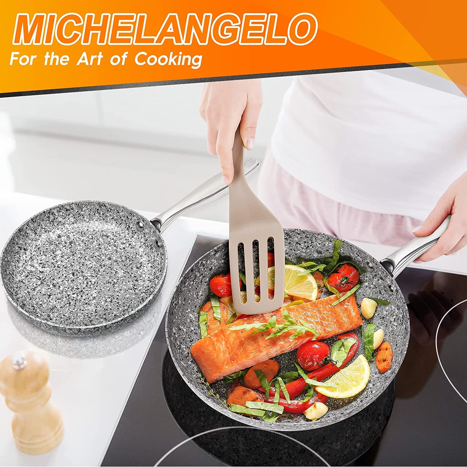 MICHELANGELO Saucepan Set with Lid, Nonstick 1Qt & 2Qt Nonstick Sauce Pan Set with Lid, Small Pot with Lid, Nonstick Granite Saucepan Set & Frying Pan Set with Lid 8"+10