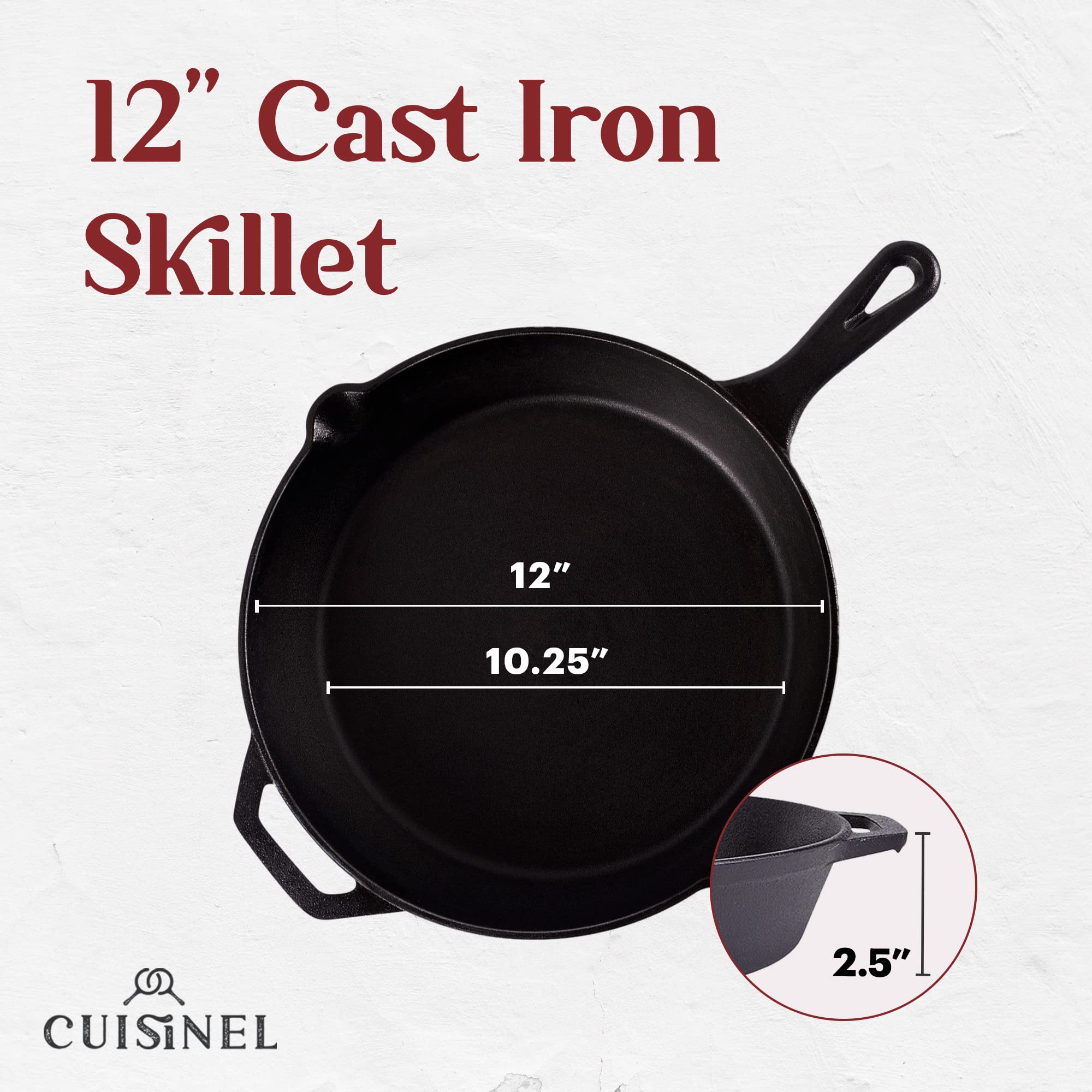 Cast Iron Skillet - 12"-Inch Frying Pan with Assist Handle and Pour Spots + Glass Lid - 12"-inch/30.48-cm/308mm - Compatible with Lodge