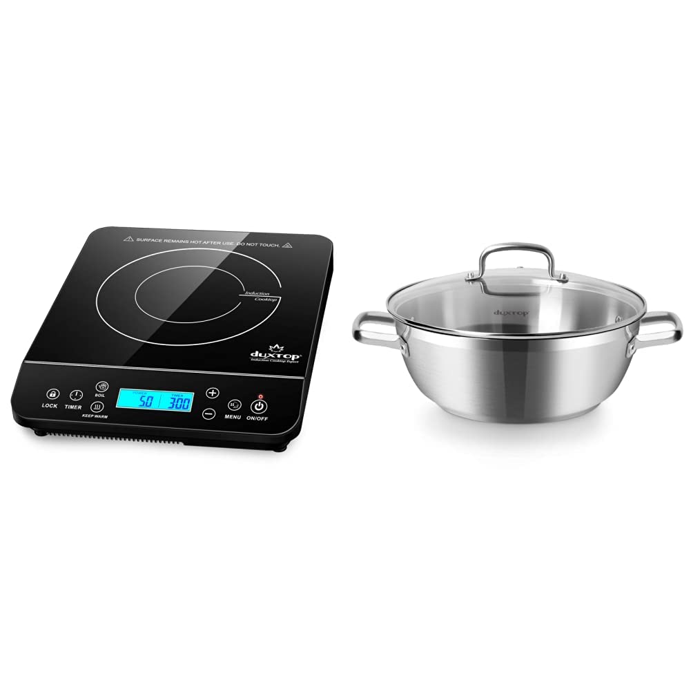 Duxtop Portable Induction Cooktop, Countertop Burner Induction Hot Plate & Professional Stainless Steel Cooking Pot, 5.7-Quart Stock Pot with Glass Lid, Impact-bonded Technology