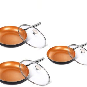 MICHELANGELO 8 Inch + 10 Inch +12 Inch Frying Pan Set, Copper Frying Pan Set with Lid, 8"+10"+12''