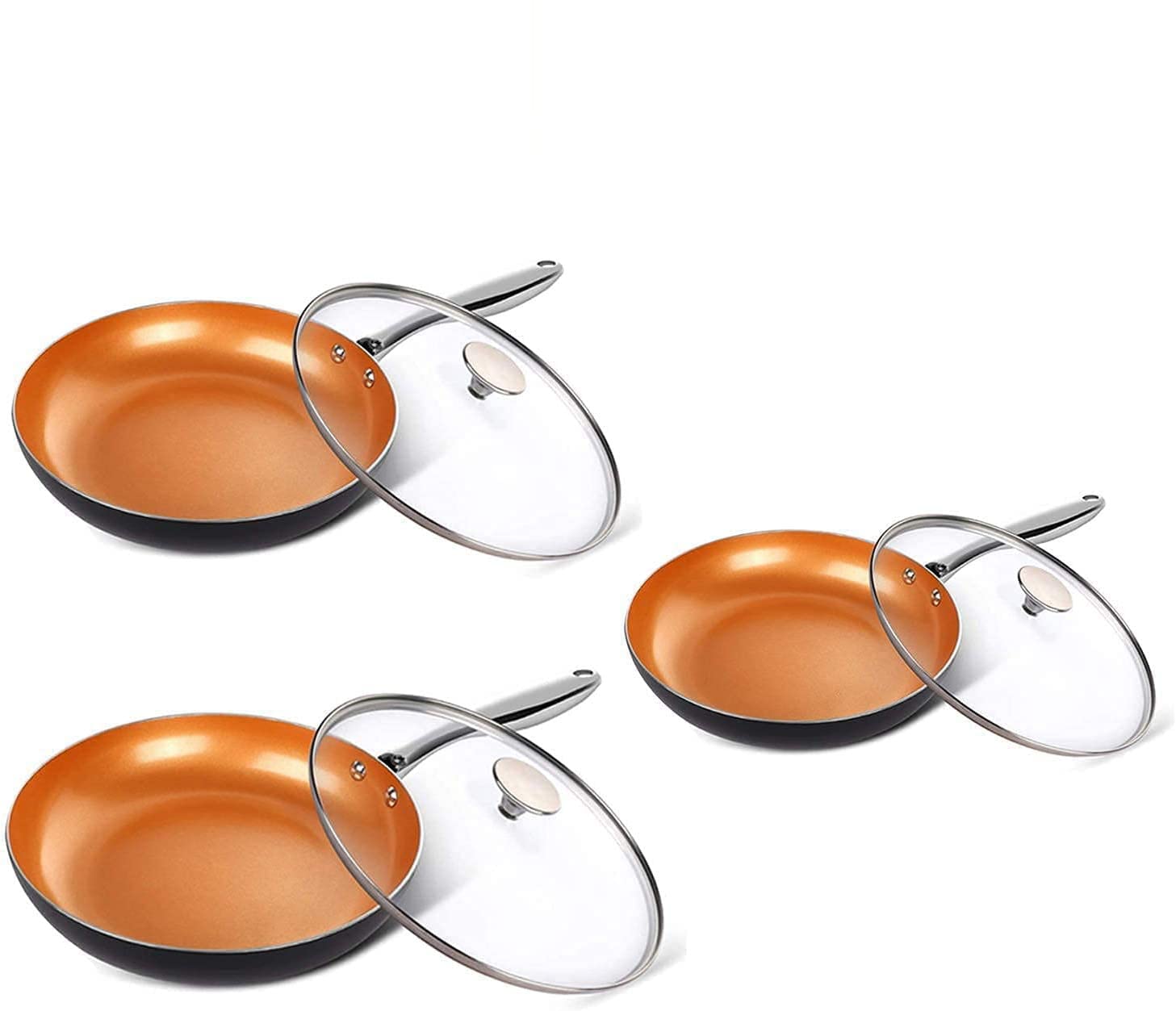 MICHELANGELO 8 Inch + 10 Inch +12 Inch Frying Pan Set, Copper Frying Pan Set with Lid, 8"+10"+12''