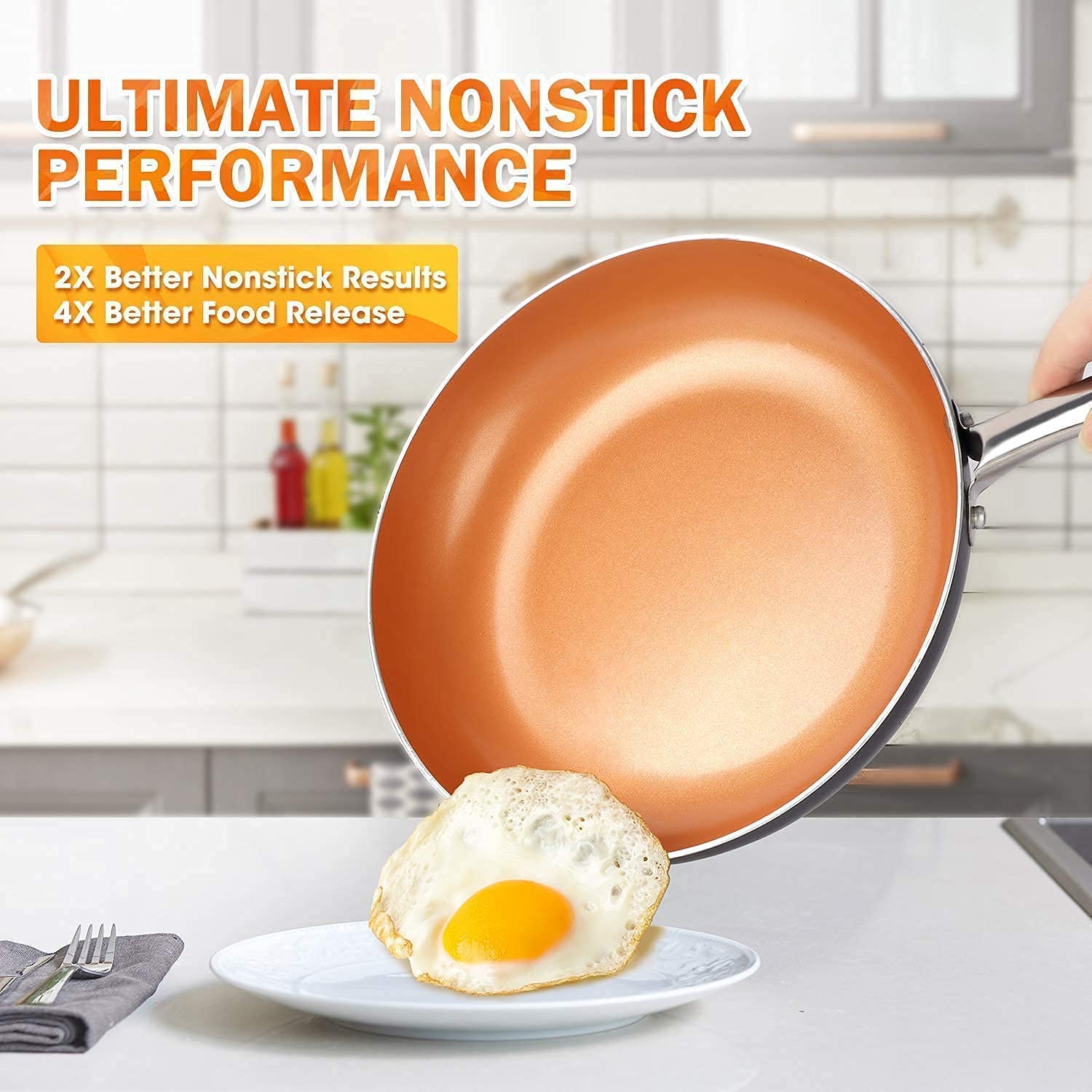 MICHELANGELO 8 Inch + 10 Inch +12 Inch Frying Pan Set, Copper Frying Pan Set with Lid, 8"+10"+12''