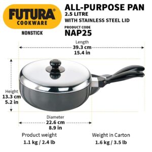 Futura Non Stick 9-Inch All Purpose Frying Pan with Stainless Steel Lid, 2.5-Liter