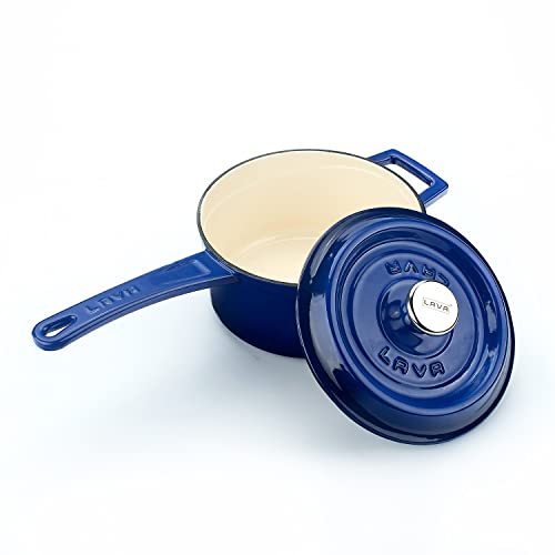 Lava Light-Colored Sand Enameled Cast Iron Sauce Pan, 1.5 Quarts Round Sauce Pot, Glossy Sand-Colored Three Layers of Enamel Coated Interior, Long Handle with Lid (Blue)