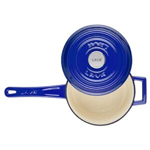 Lava Light-Colored Sand Enameled Cast Iron Sauce Pan, 1.5 Quarts Round Sauce Pot, Glossy Sand-Colored Three Layers of Enamel Coated Interior, Long Handle with Lid (Blue)