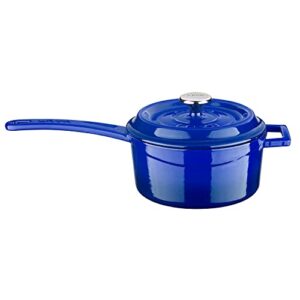 Lava Light-Colored Sand Enameled Cast Iron Sauce Pan, 1.5 Quarts Round Sauce Pot, Glossy Sand-Colored Three Layers of Enamel Coated Interior, Long Handle with Lid (Blue)