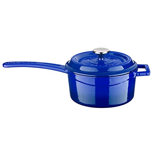 Lava Light-Colored Sand Enameled Cast Iron Sauce Pan, 1.5 Quarts Round Sauce Pot, Glossy Sand-Colored Three Layers of Enamel Coated Interior, Long Handle with Lid (Blue)