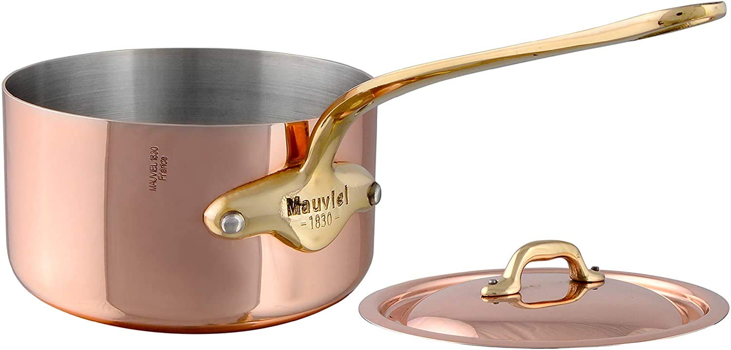 Mauviel M'Heritage M'150B Copper Saucepan with Lid, 3.6 QT- .9", Brass Handle