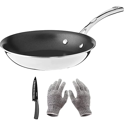 Cuisinart FCT22-20NS French Classic Tri-Ply Stainless Cookware 8-inch Non-Stick Frying Pan Bundle Classic Nonstick Edge 6" Chef's Knife and Deco Gear Kitchen Safety Cut Resistant Gloves