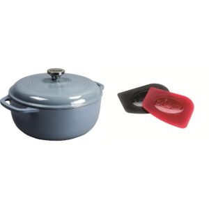 lodge enameled cast iron dutch oven, 7.5 qt, storm blue & scraperpk durable pan scrapers, red and black, 2-pack