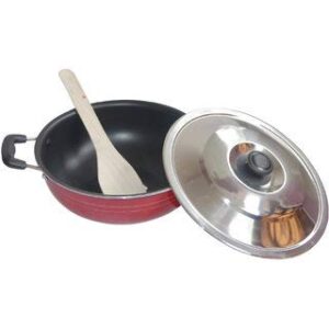 non-stick kadai with stainless steel lid non-stick cookware aluminium non-stick kadai with scrubber & paddle deep fry kadai