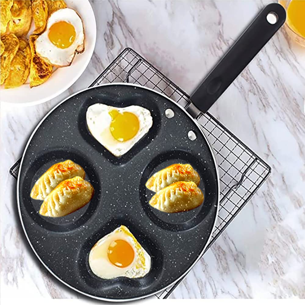 JIEQIJIAJU Egg Frying Pan 4 Cup, Nonstick Pancake Pan Heart Shape Egg Cooker Pan Blini Griddle Crepe Pan Silver Dollar Pancake Maker for Frying Eggs, Burgers, Bacon, 100% PFOA Free Coating