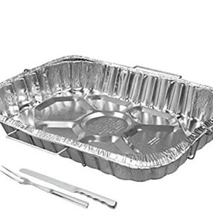 Tiger Chef 1-Pack, Disposable Durable Aluminum Large Rectangle Turkey Roasting Pan with Handle Rack, Includes Stainless Steel Meat Knife and Fork, Extra Large Size 18 x 15.25 x 2.5 inches deep