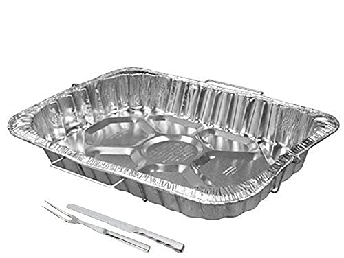 Tiger Chef 1-Pack, Disposable Durable Aluminum Large Rectangle Turkey Roasting Pan with Handle Rack, Includes Stainless Steel Meat Knife and Fork, Extra Large Size 18 x 15.25 x 2.5 inches deep