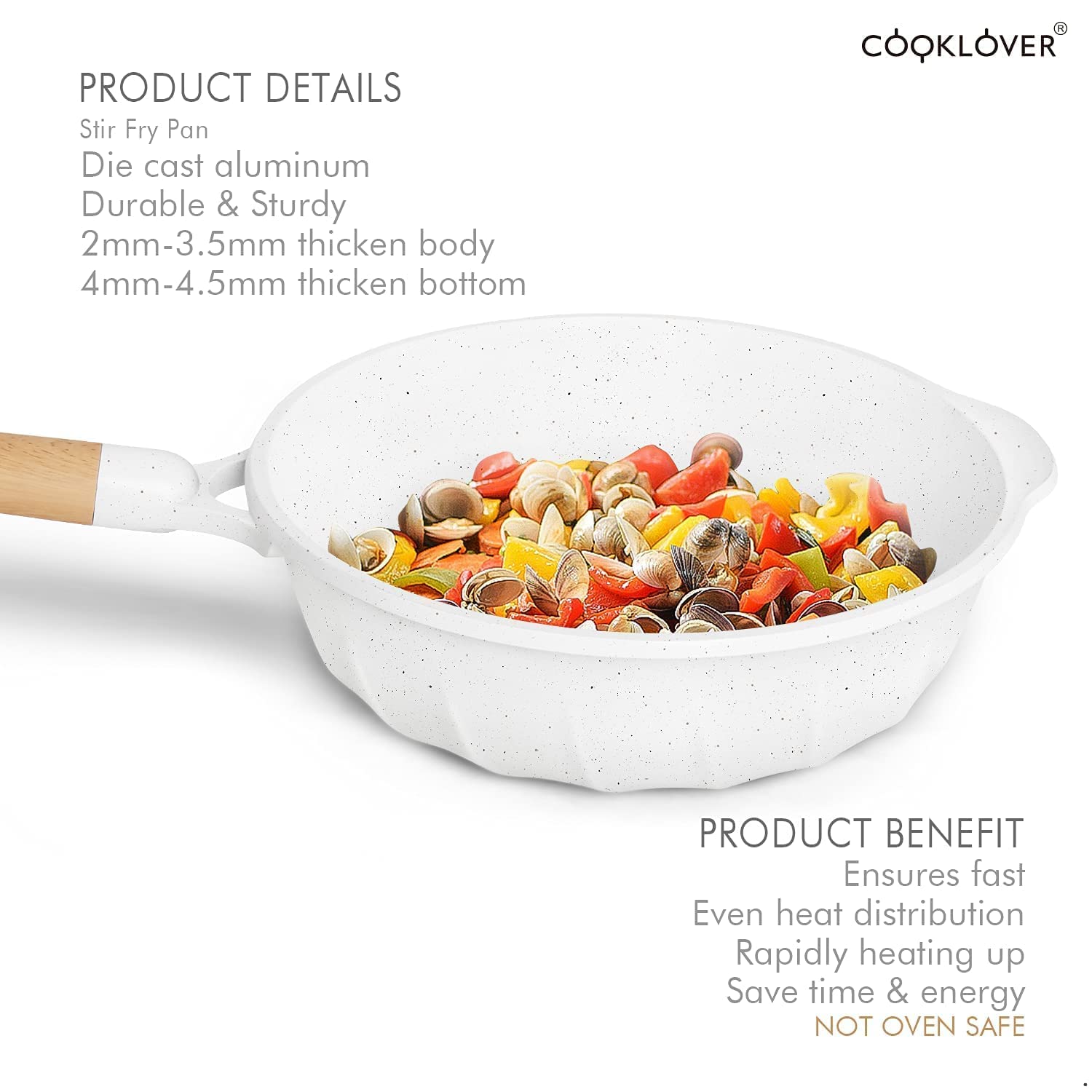 COOKLOVER Nonstick Induction Wok-12.6inch - White & 11 inch Nonstick Stir Fry Pan with Lid – White