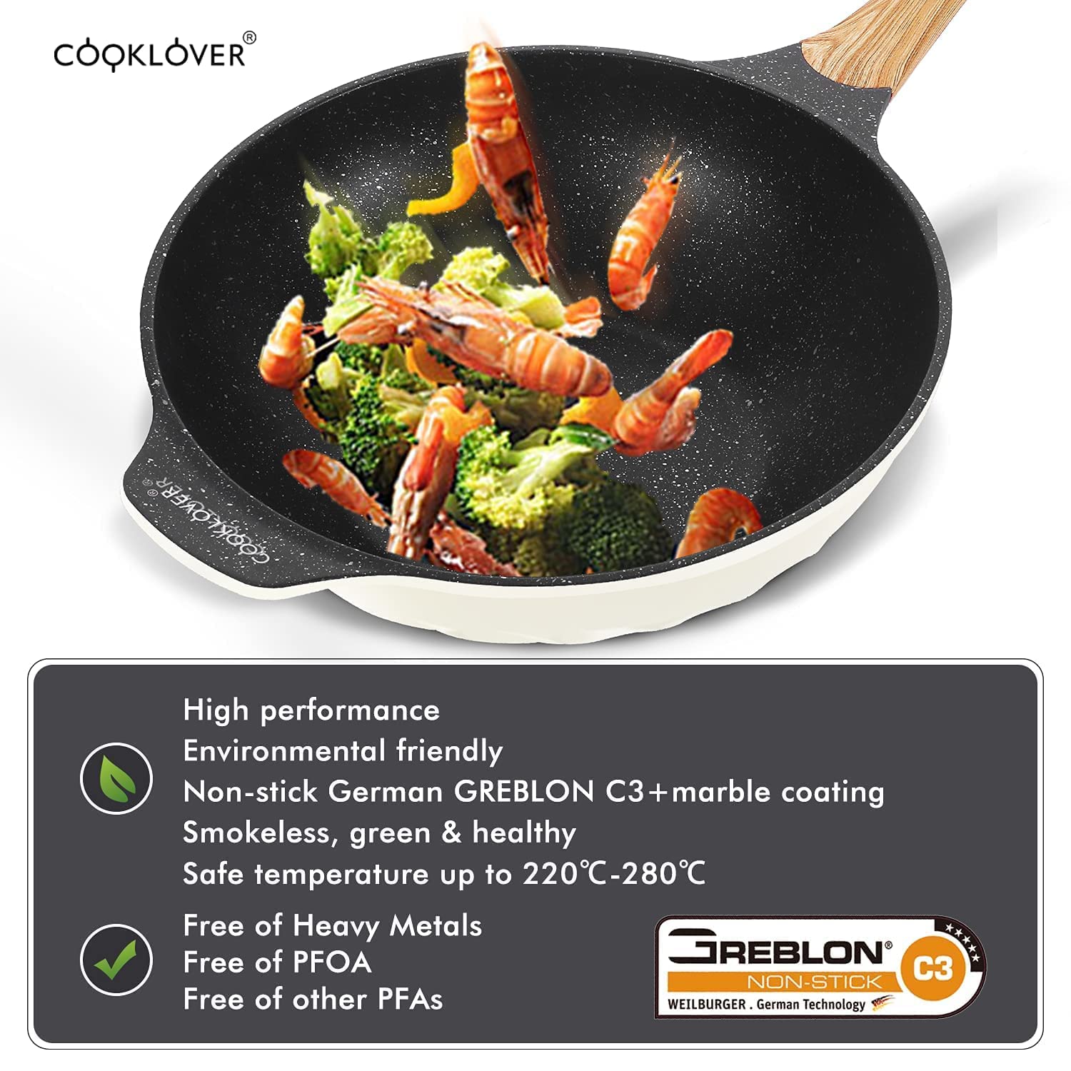 COOKLOVER Nonstick Induction Wok-12.6inch& 9.5 inch Nonstick Stir Fry Pan with Lid – White